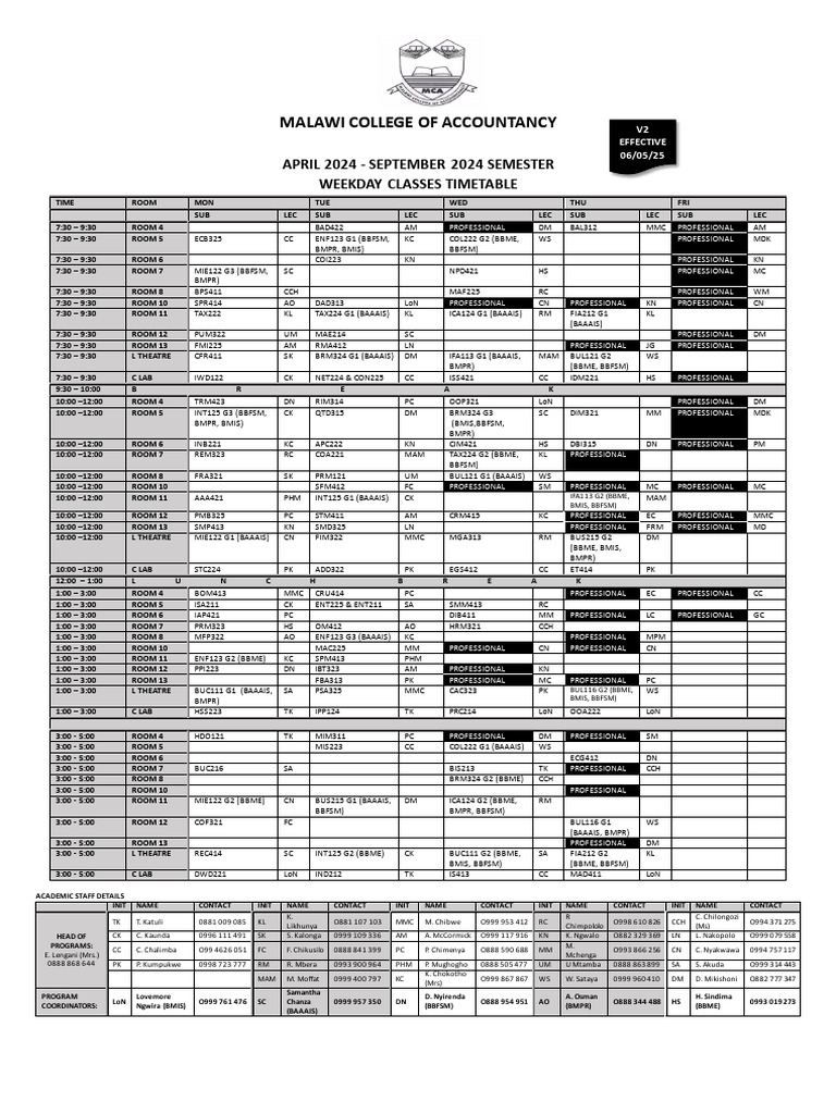 As25 Weekday Classes Timetable v2 | PDF