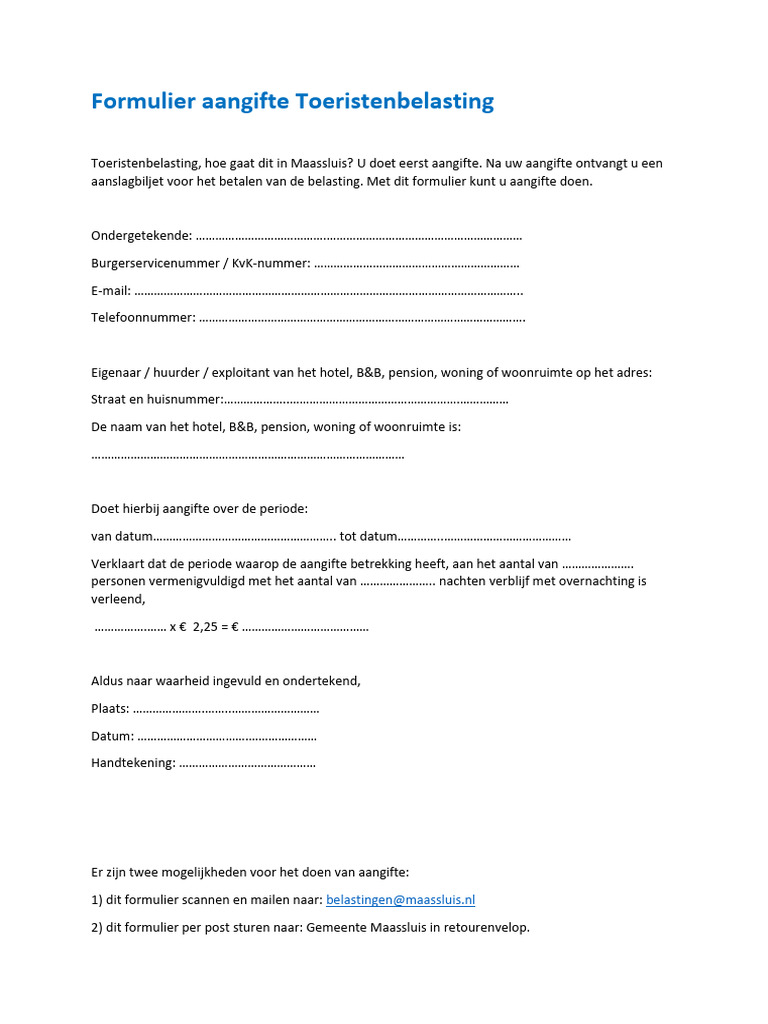 Formulier Aangifte Toeristenbelasting - 3 | PDF