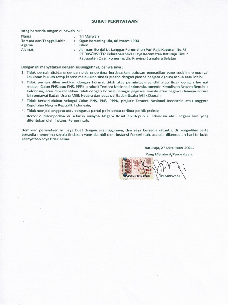 Surat Pernyataan 5 Poin Tri Yang Lama | PDF