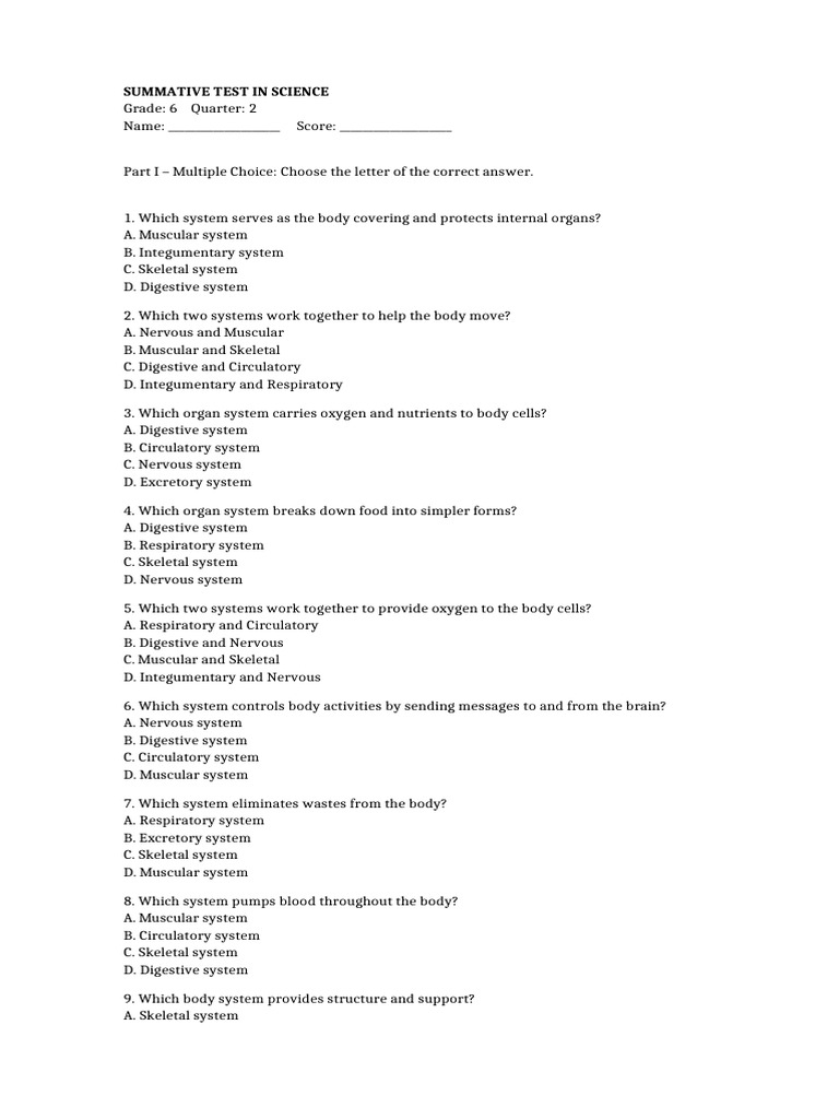 6th Grade Science Summative Test | PDF | Respiratory System ...