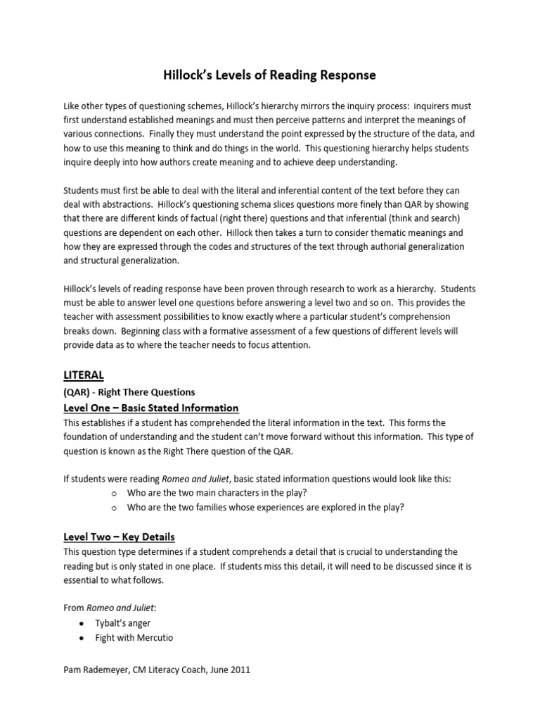 Hillock's Reading Response Levels Explained | PDF | Characters In Romeo ...