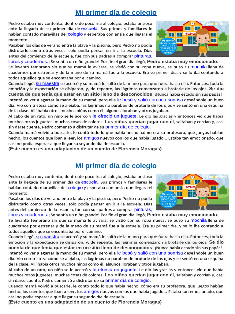 LECTURA Mi Primer Día de Colegio | PDF