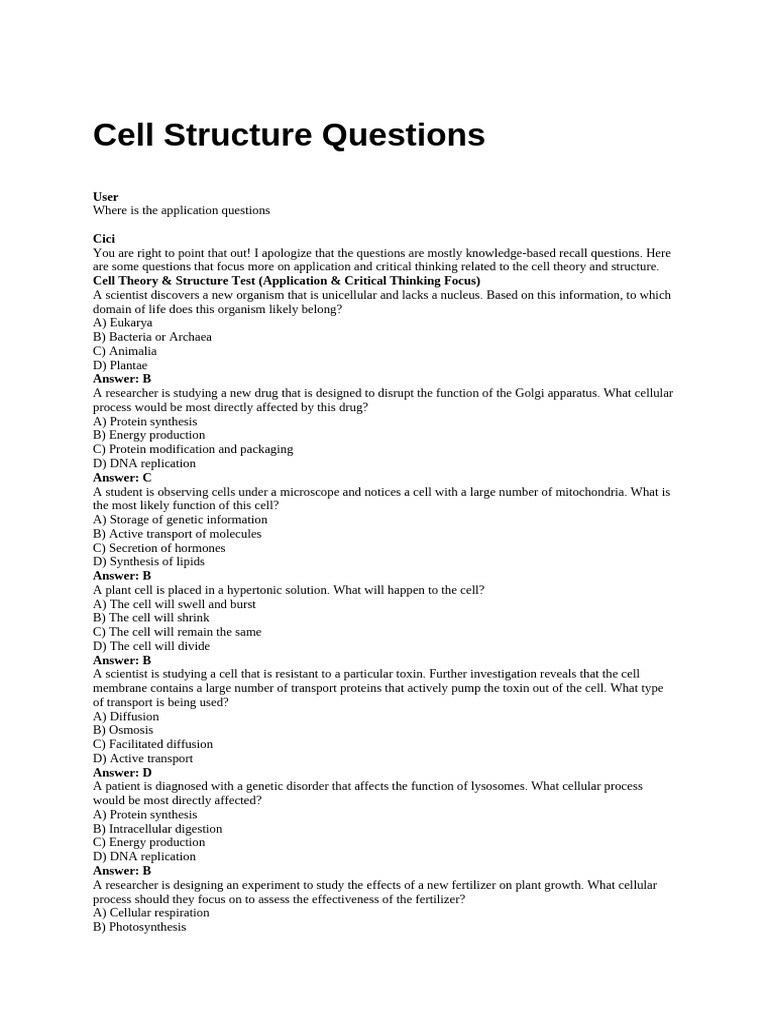 Cell Structure Questions | PDF | Cell (Biology) | Mitochondrion