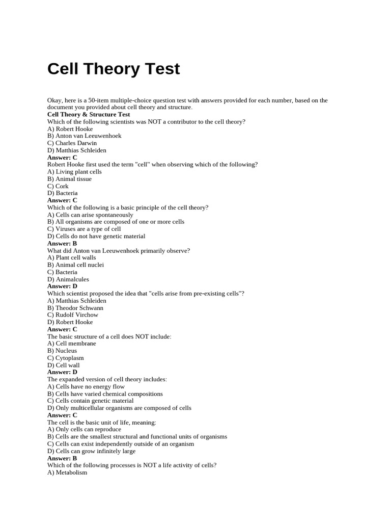 Cell Theory and Structure Quiz | PDF | Cell (Biology) | Enzyme