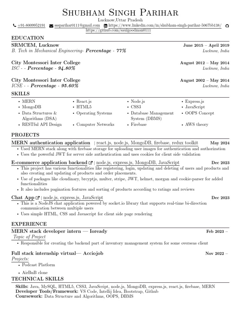 Resume ShubhamSinghParihar WebDev | PDF | Java Script | Databases