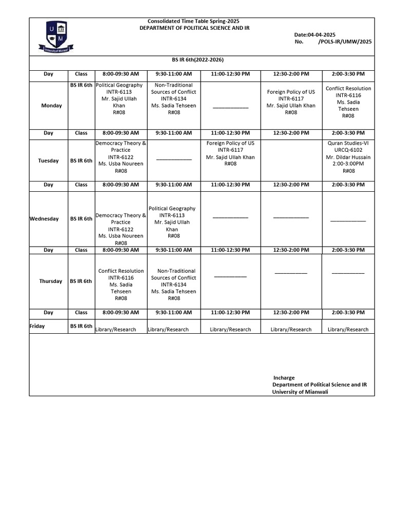 Consolidateted Time Table Spring 2025 BS IR 6th Semester.-1 | PDF