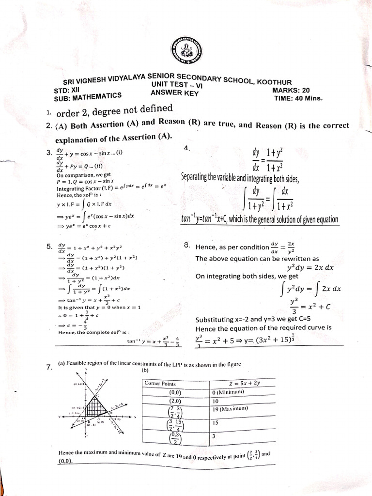 Class XII Maths Unit Test - 6 Answer Key | PDF