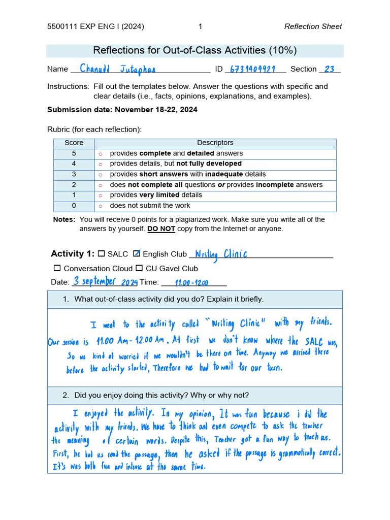 Out-of-Class Activity Reflection Sheet | PDF
