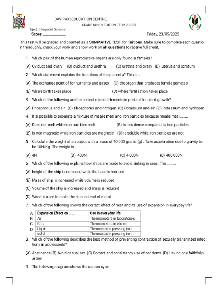 Science Multiple Choice g9 - Phoenix | PDF