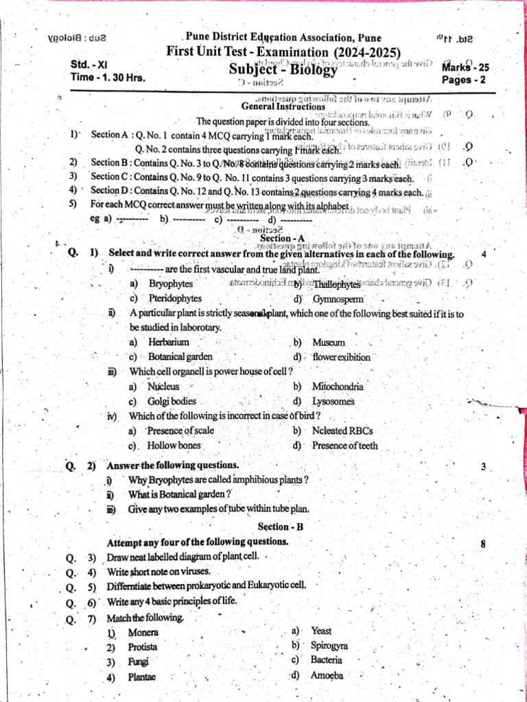 Biology Unit Test Paper 2024-2025 | PDF | Biology | Organisms