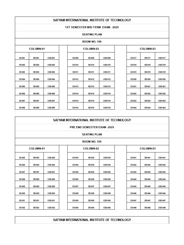 Satyam Institute Exam Seating Plans 2025 | PDF