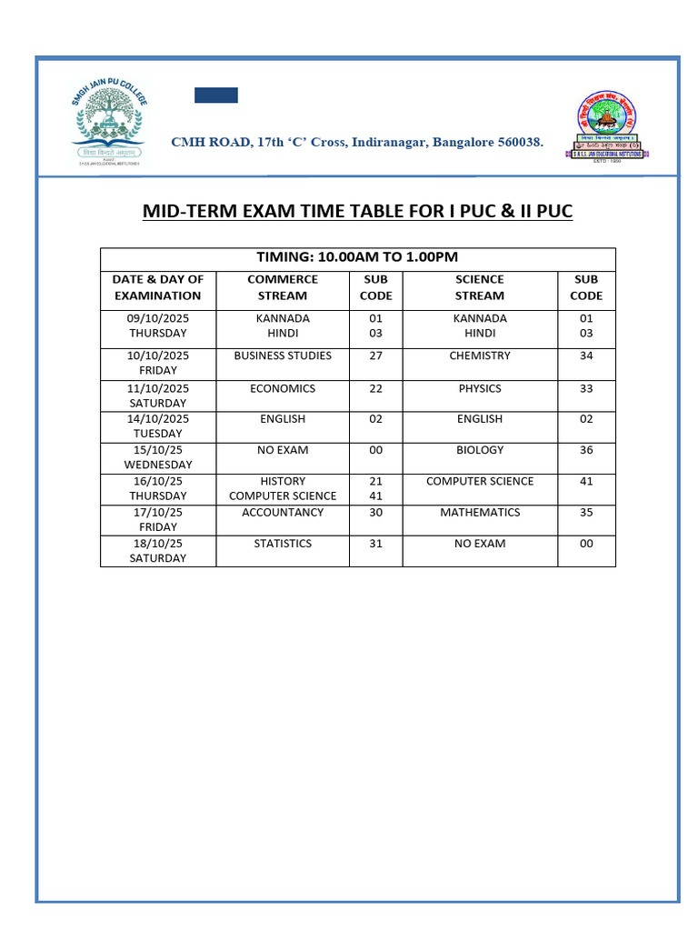 Mid-Term Exam Timetable I PUC & II PUC | PDF