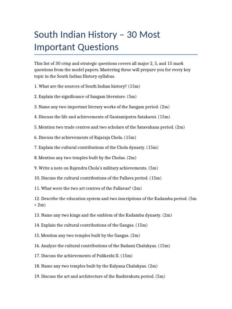 30 Key Questions on South Indian History | PDF
