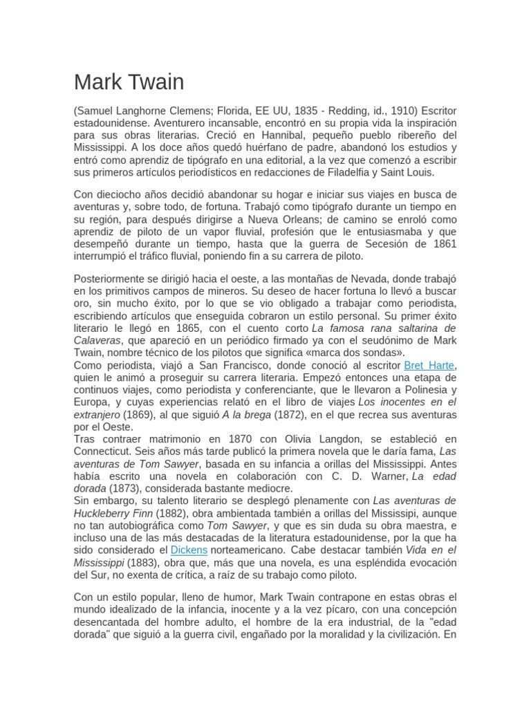 Vida y obra de Mark Twain | PDF | Mark Twain