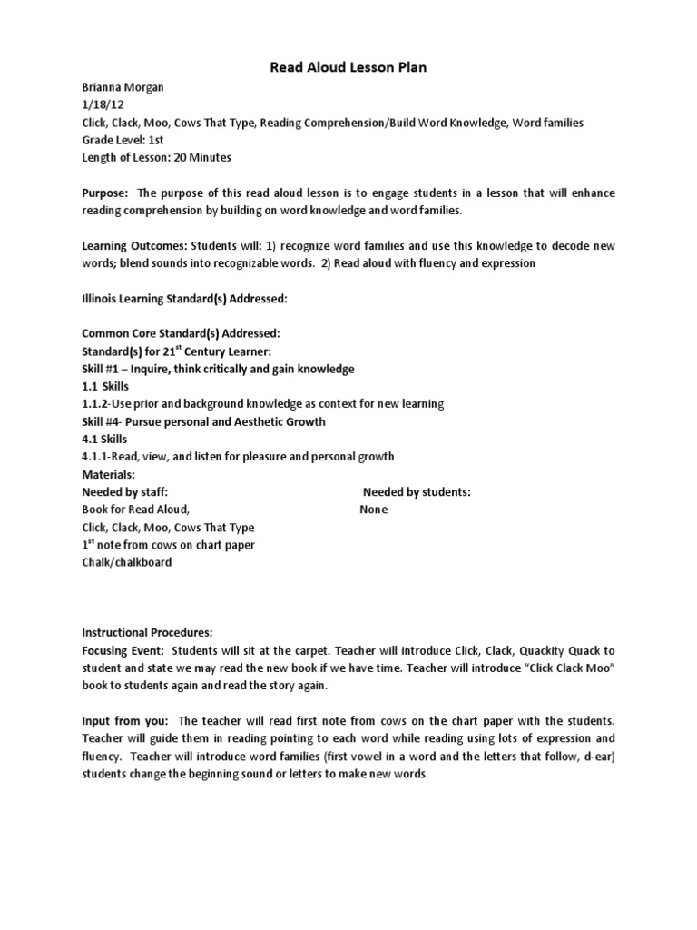 Click, Clack, Moo Lesson Plan for 1st Grade | PDF