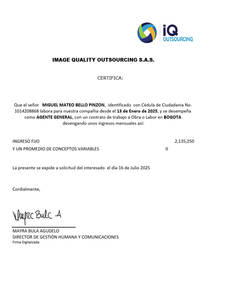 Certificación Laboral Miguel Bello 2025 | PDF