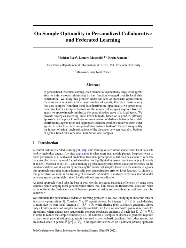 22-Nips-On Sample Optimality in Personalized Collaborative and Federated Learning | PDF ...
