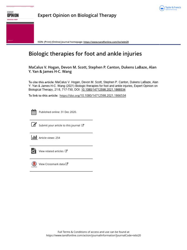 Biologic Therapies for Foot and Ankle Injuries 2021 Expert Opinion on ...
