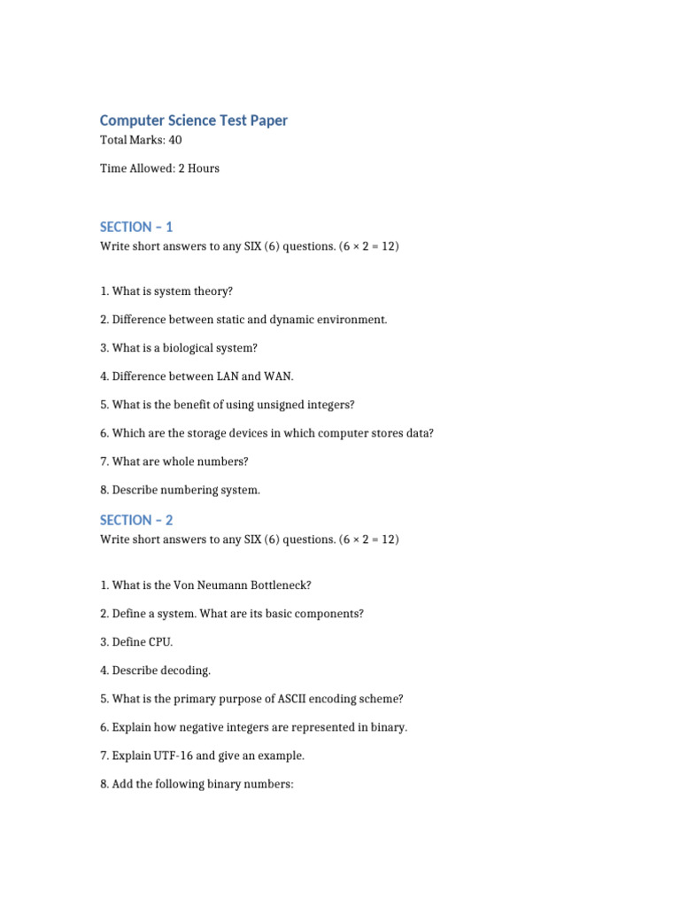 Computer Science Test Paper Overview | PDF