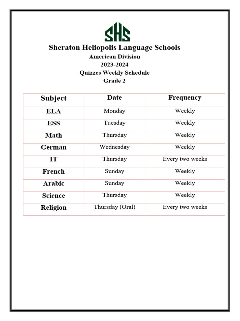 Quizzes Schedule Grades 3 | PDF