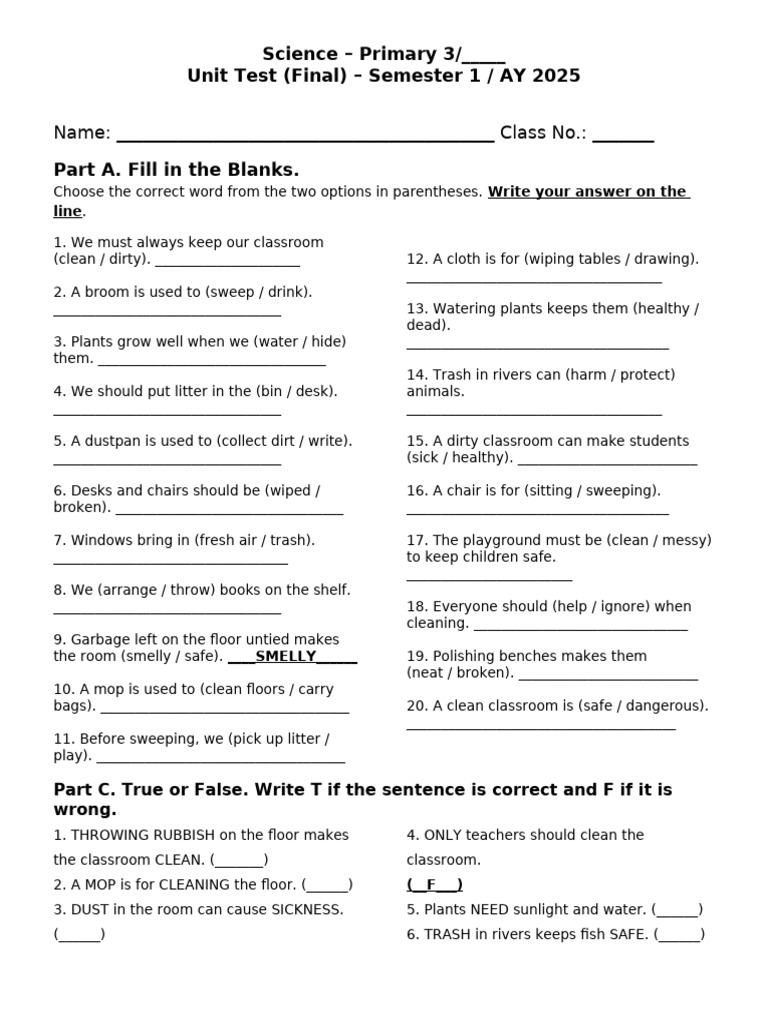Primary 3 Science Unit Test Guide | PDF | Classroom