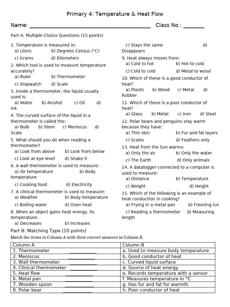 Primary4 Temperature HeatFlow Quiz | PDF | Thermometer | Temperature