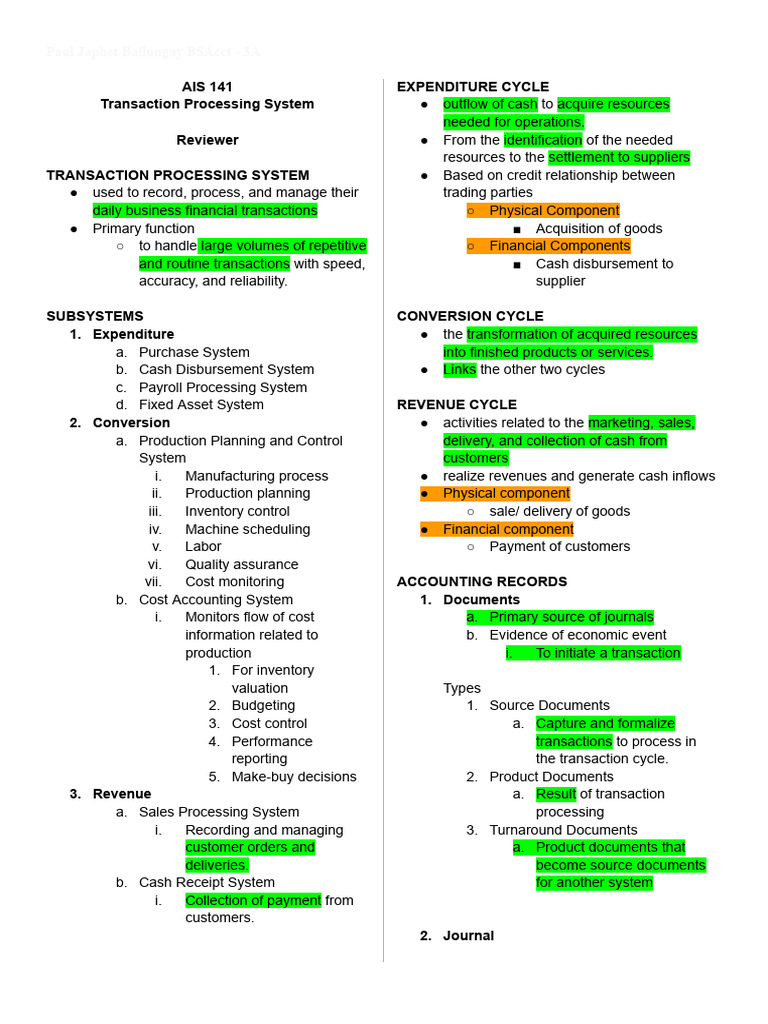 AIS 141 - Transaction Processing System (Reviewer) | PDF | Business | Information Technology