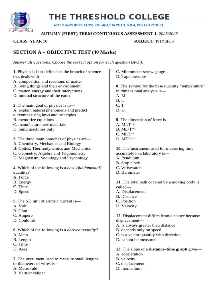 Physics Year 10 Autumn Cat 25 | PDF | Acceleration | Velocity
