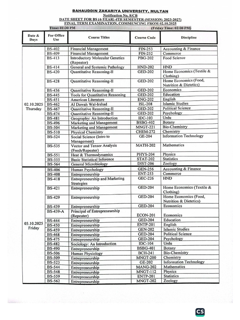 Date Sheet | PDF
