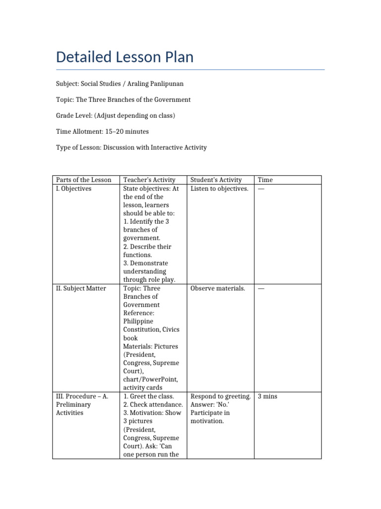 Lesson Plan Three Branches | PDF | United States Congress | American ...