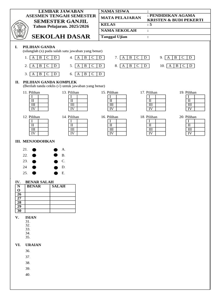 LEMBAR JAWABAN Kelas 5 Agama Kristen | PDF