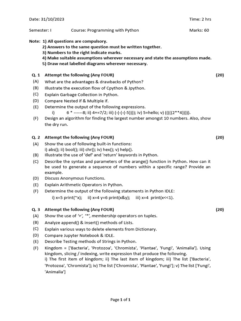 Programming With Python F.y.b.sc. Computer Science Semester I External Examination, October 2023 ...