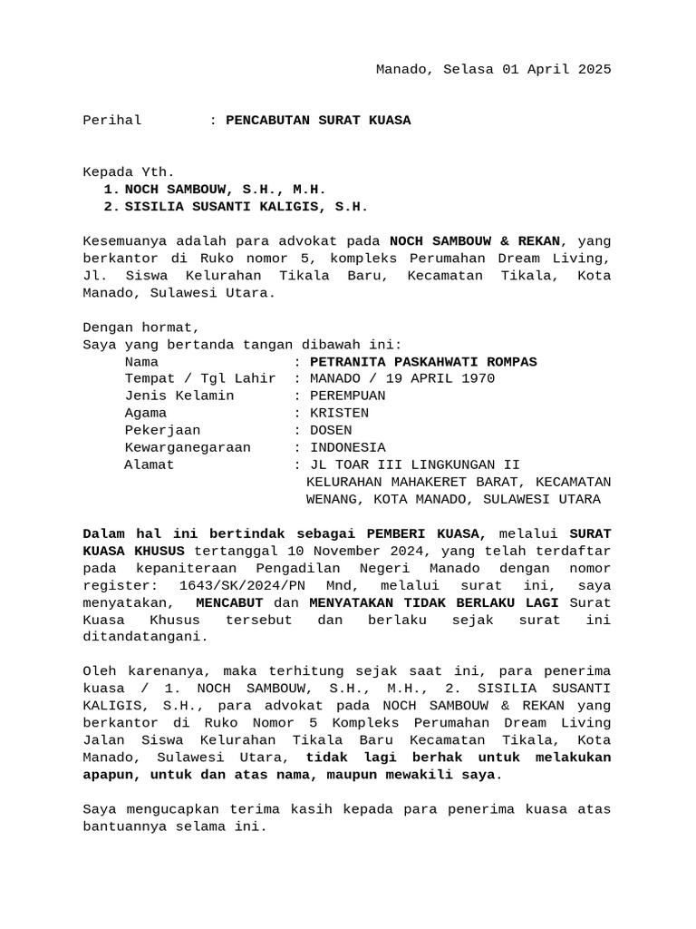 Pencabutan Surat Kuasa di Manado | PDF
