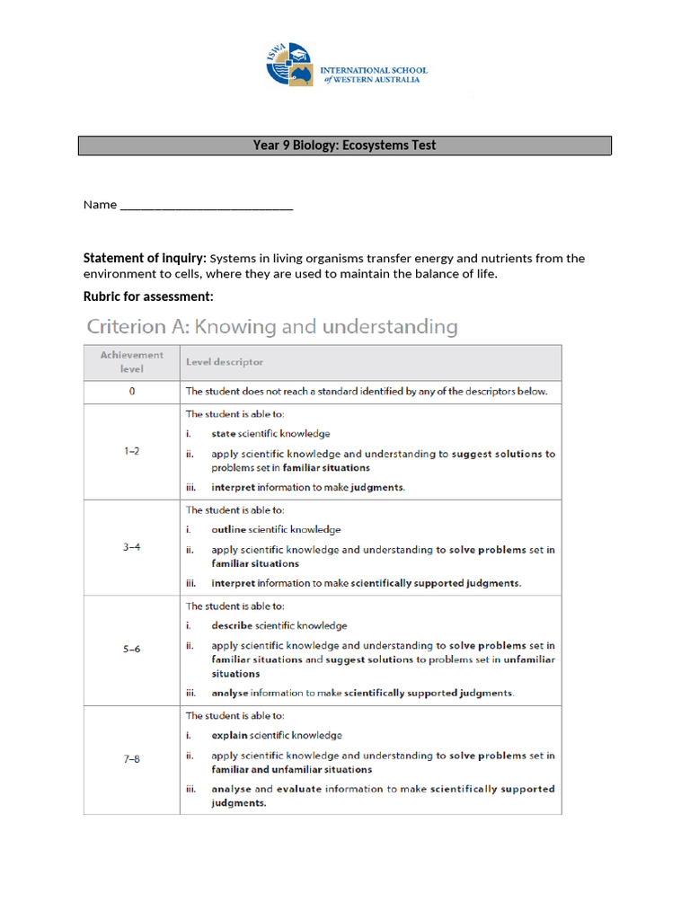 Year 9 Biology Eco 1 Test | PDF | Cellular Respiration | Ecosystem