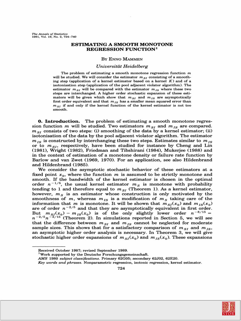 Estimating A Smooth Monotone Regression Function by Mammen | PDF
