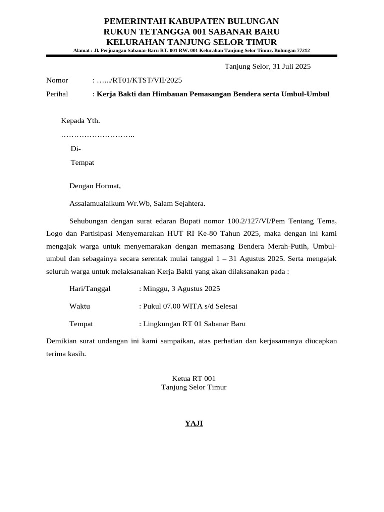 Surat Undangan Kerja Bakti RT 1 | PDF
