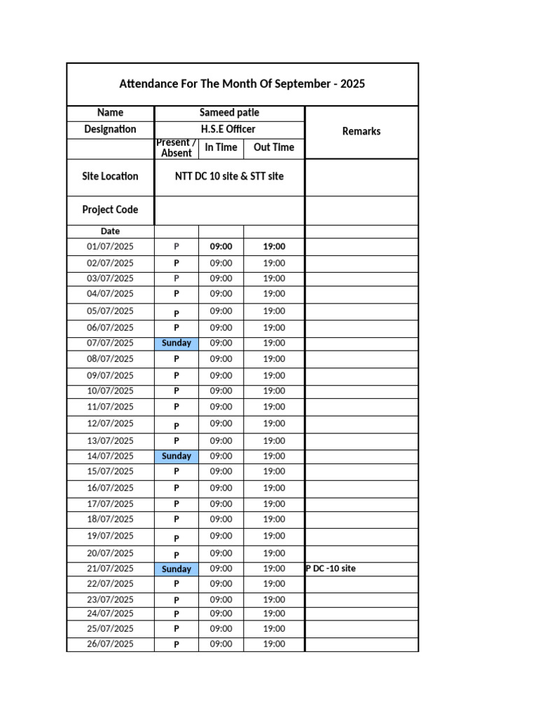 Sameed Patle Attendance Month September 2025 | PDF