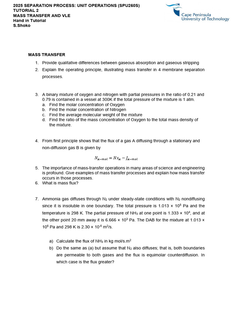 2025 SPU260S Tutorial 2 (Mass Transfer and VLE) Questions | PDF ...