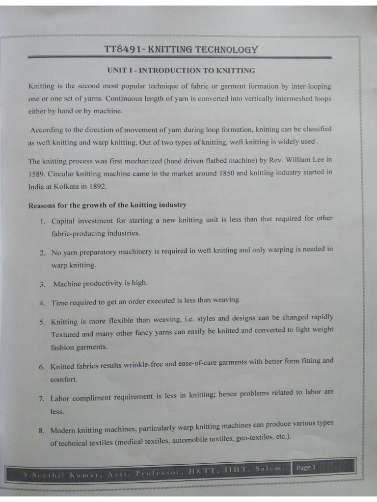 Knitting Technology unit-1 | PDF