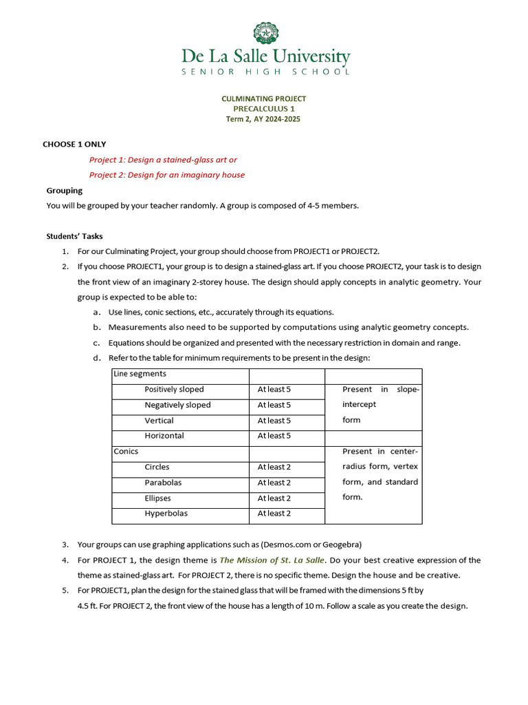 PRECAL1 Culminating Project Guidelines | PDF | Line (Geometry ...