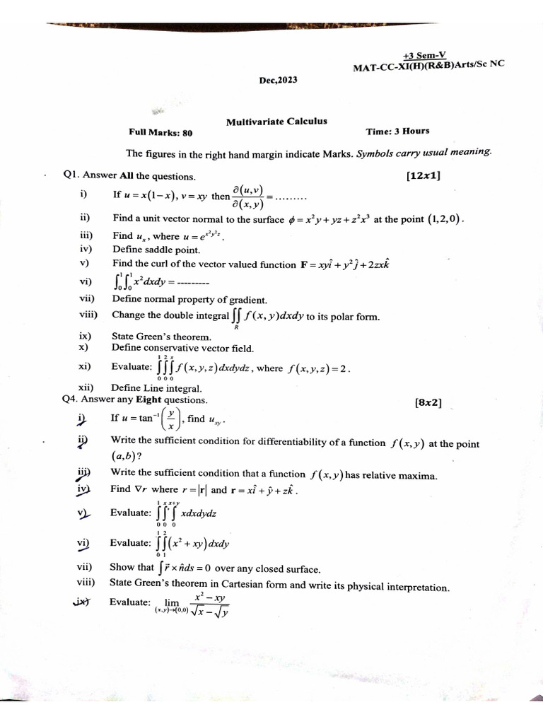 Multivariate Calculus Sem V Previous Year 2023 Pdf