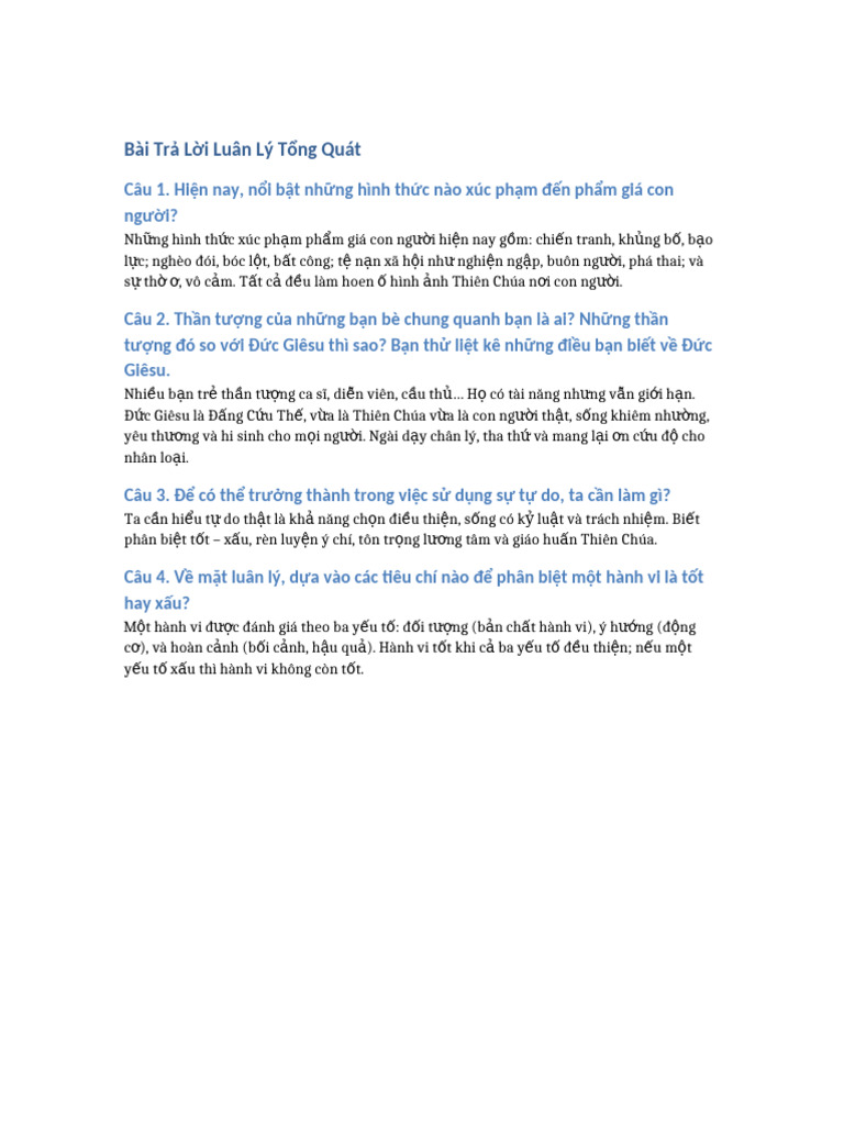 Bai Tra Loi Luan Ly Tong Quat | PDF