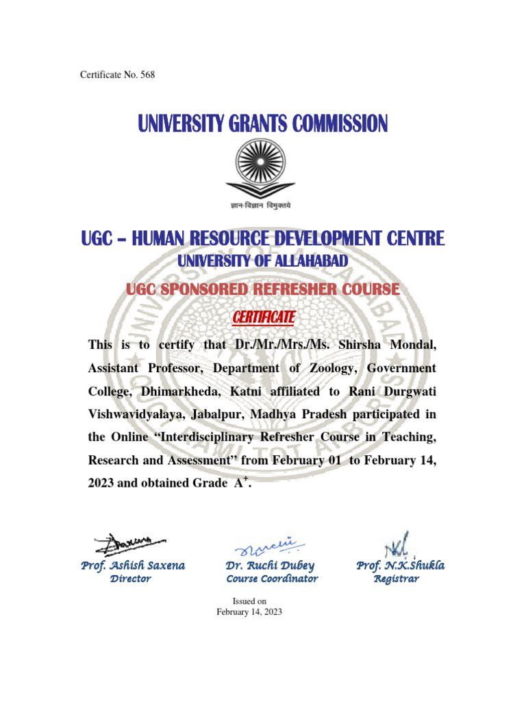 UGC Refresher Course Certificate 2023 | PDF
