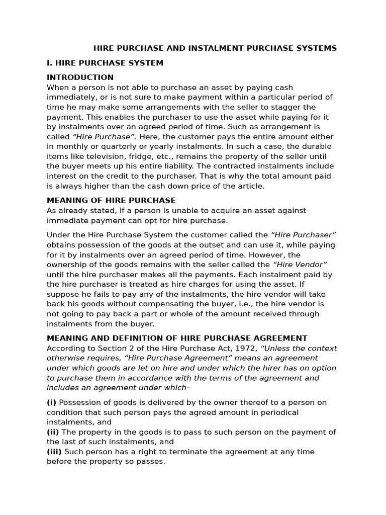 Hire Purchase vs Instalment Purchase Guide | PDF | Repossession | Interest