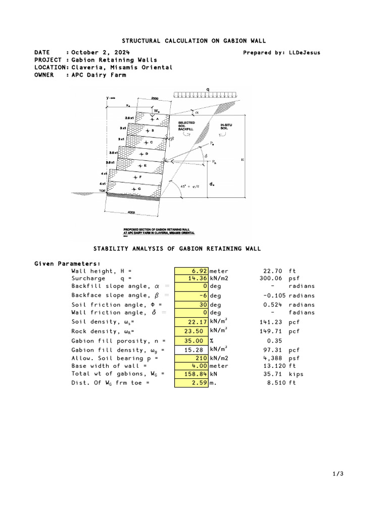 GABION-ANALYSIS Calculation | PDF | Mechanical Engineering | Applied ...