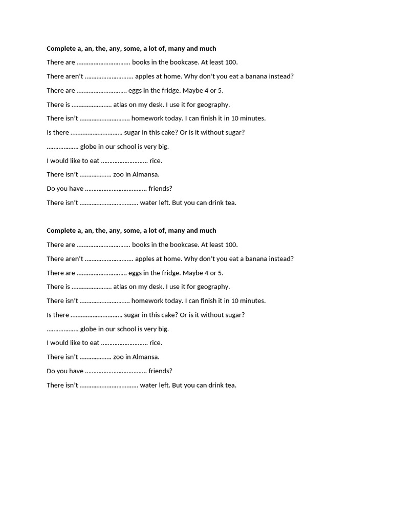 Fill in the Blanks: Articles and Quantifiers | PDF