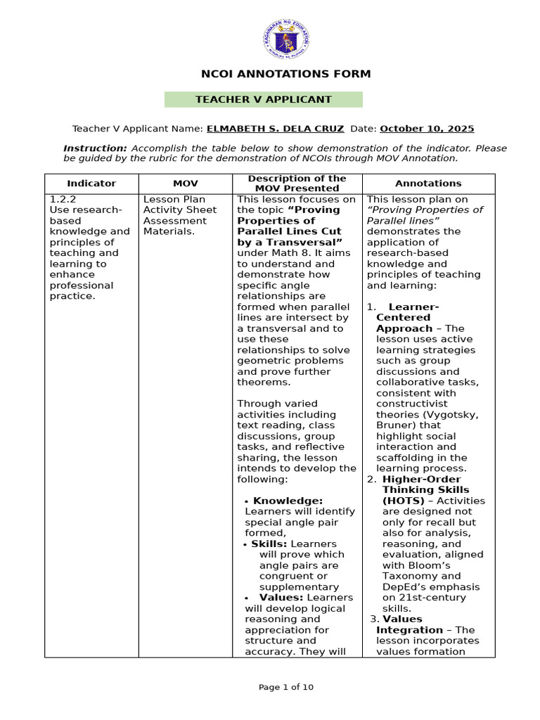 NCOI Annotations Form For Teacher 5 | PDF | Learning | Teachers