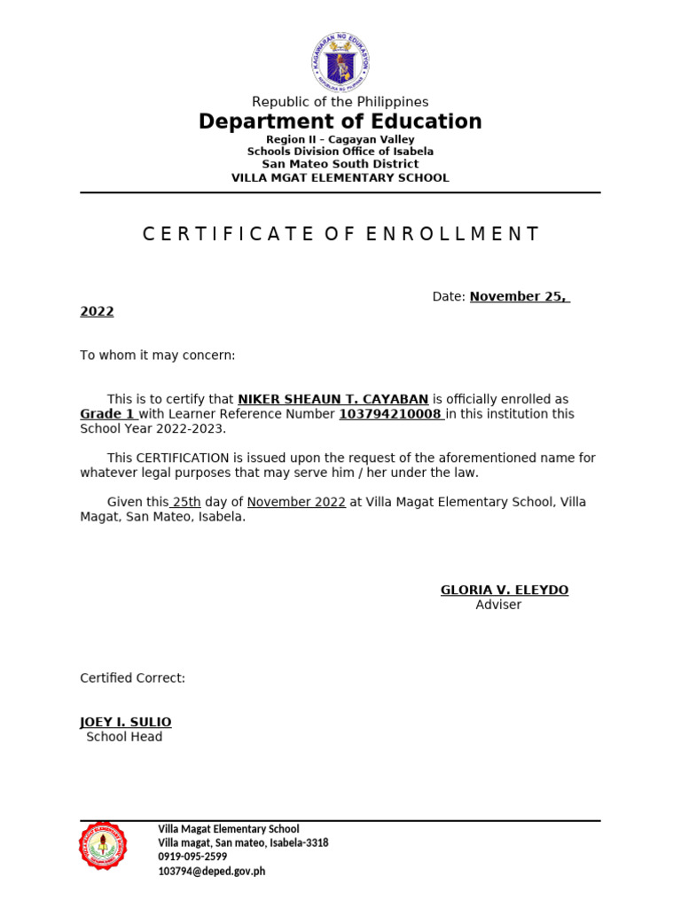 Certificate of Enrollment for Grade 1 | PDF