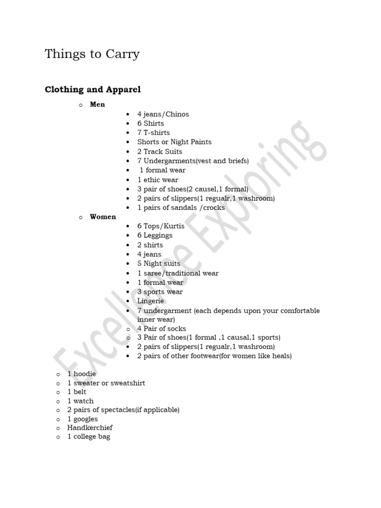 Things To Carry at VIT NEW LIST | PDF | Clothing
