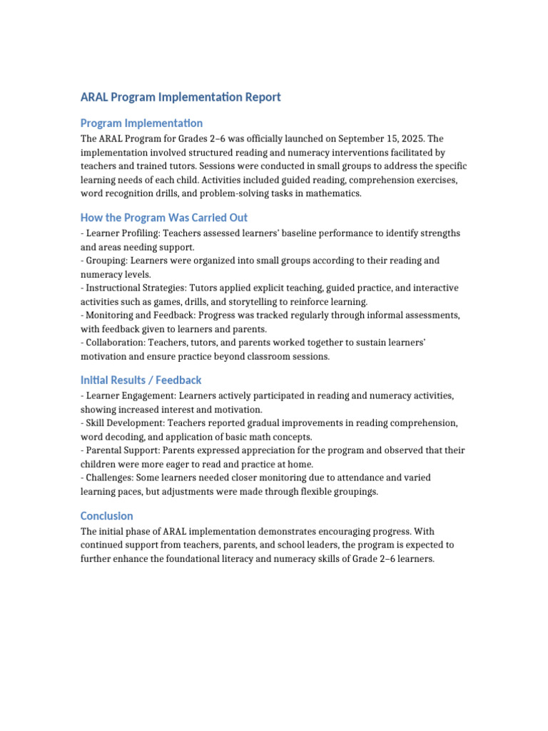 ARAL Program Implementation Progress Report | PDF
